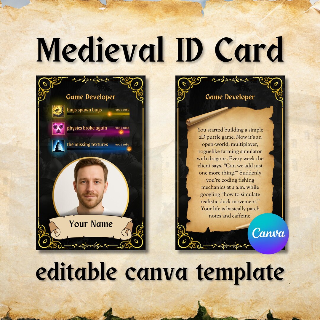 Editable Medieval Style Game Developer ID Card Template | Game ...