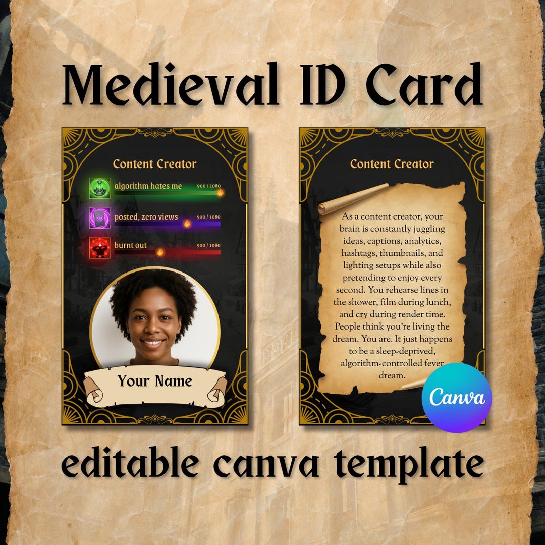 Editable Medieval ID Card Template: Fantasy Character Cosplay (canva ...