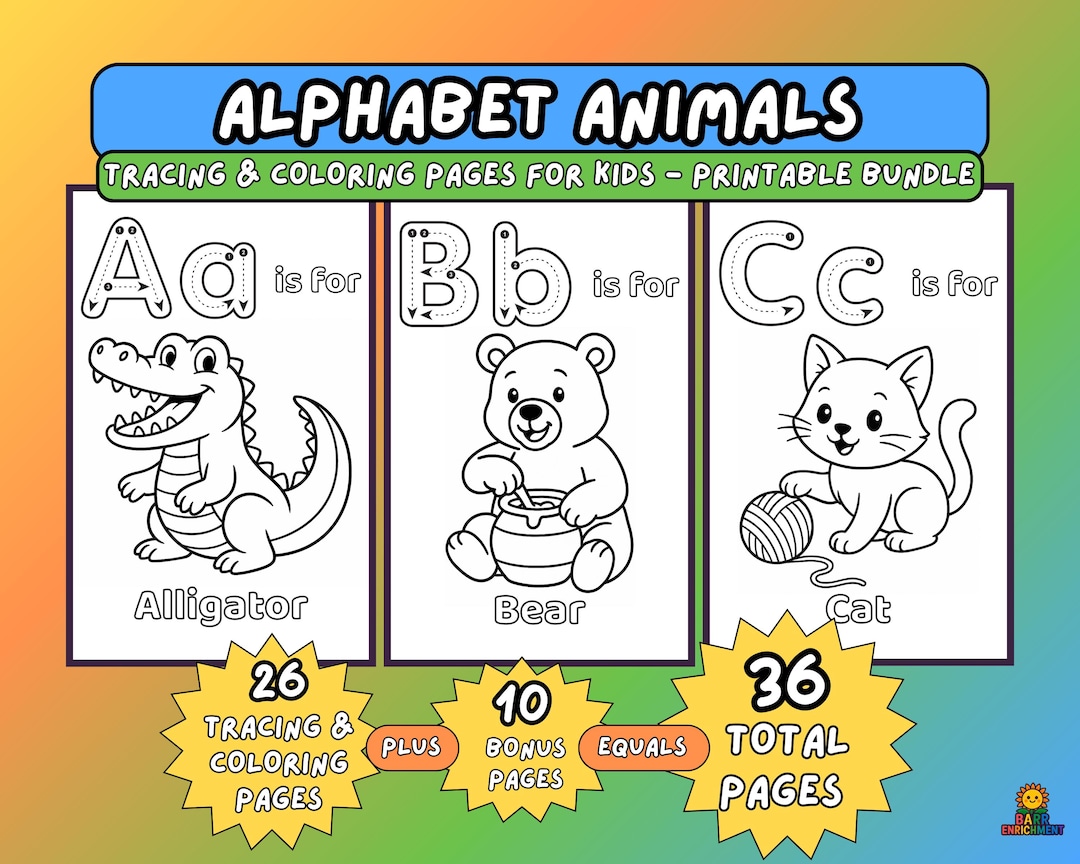 Alphabet Animals Trace & Color Printable: A-Z Learning Worksheets (PDF ...