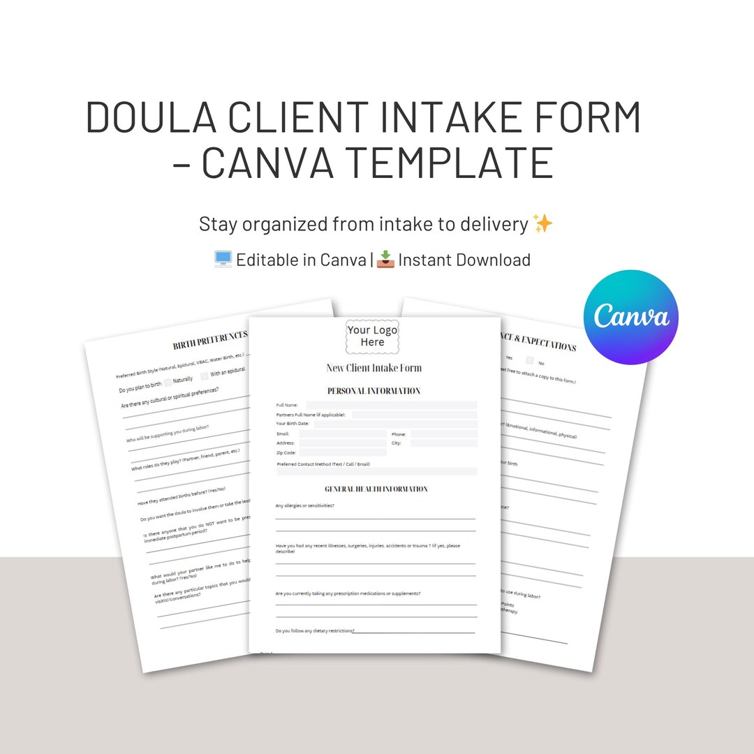 Doula Client Intake Form Canva Template | Editable Digital Download for ...