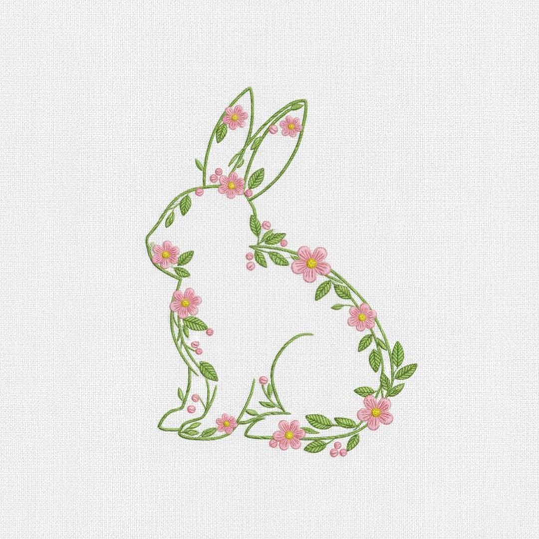 Floral Bunny Outline Embroidery Design With Pink Flowers and Green ...