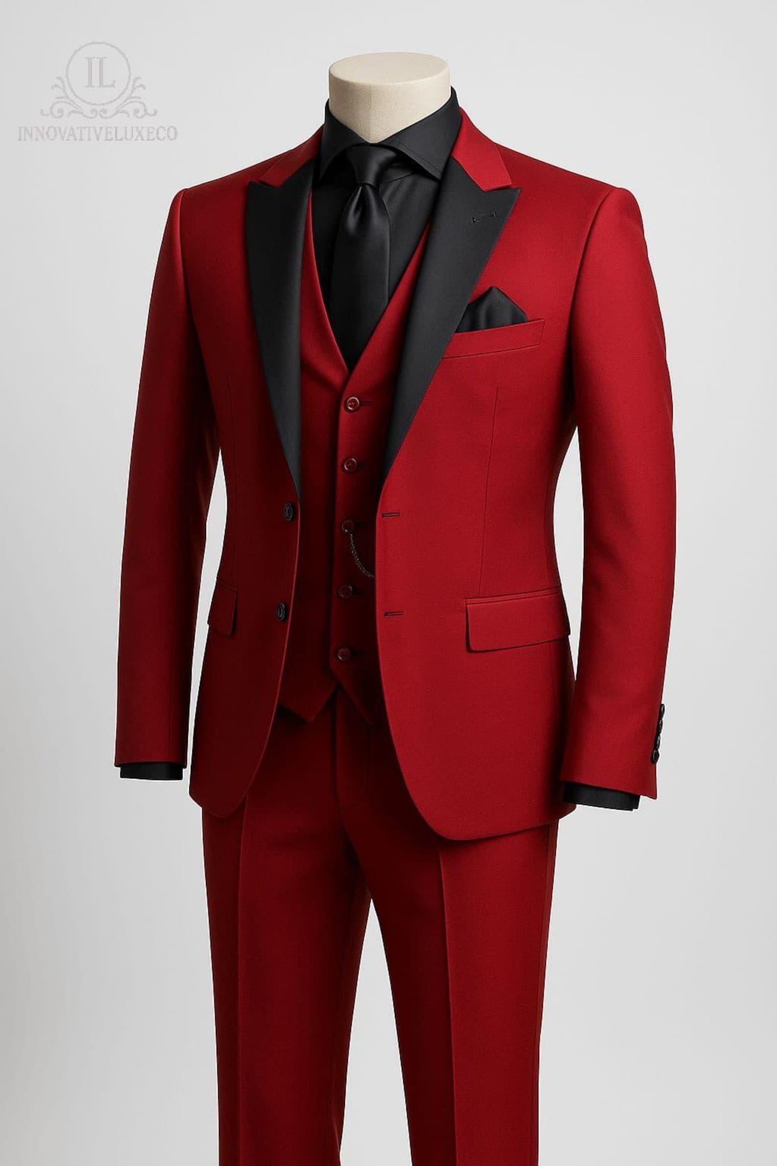 Red Tuxedo Suit: 3-piece Groom Wedding Blazer, Black Lapel - Etsy