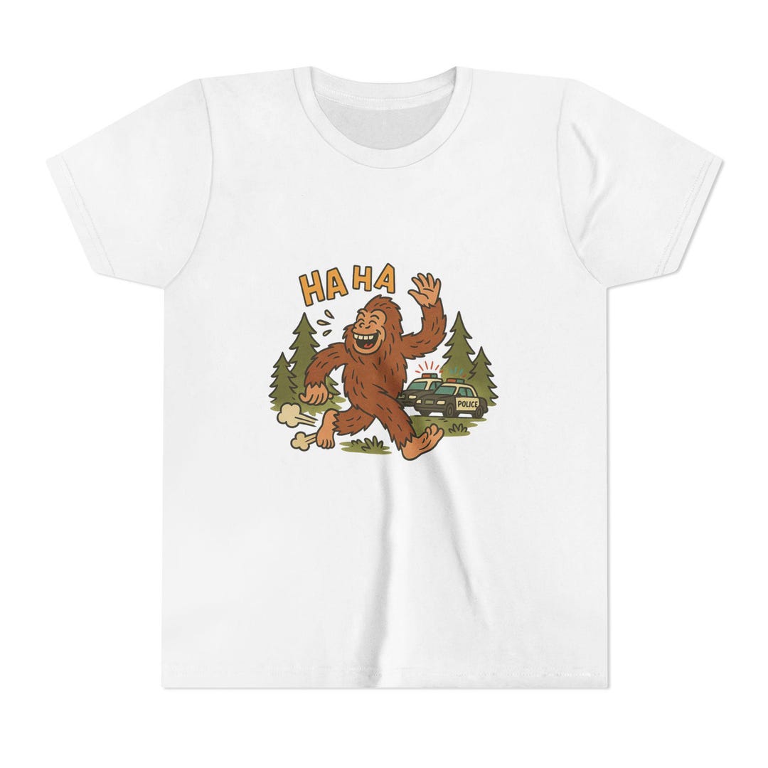 Youth Tee - Bigfoot Running Away From Cops, Fun Kids T-shirt, Sasquatch ...