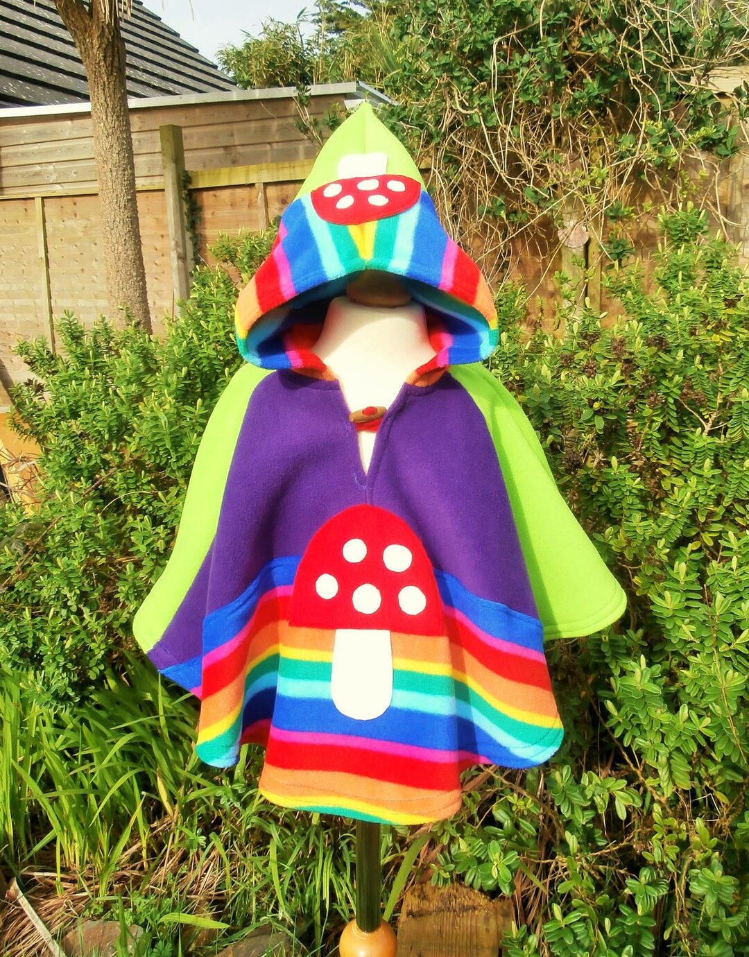 Rainbow Kids Poncho: Handmade Polar Fleece Pixie Hood, Toadstool Pocket ...