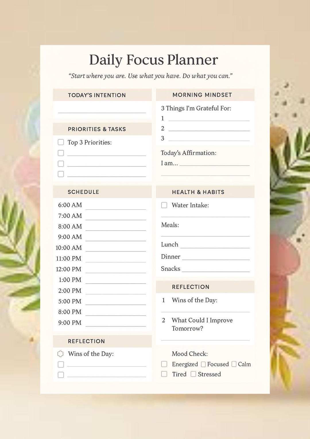 Daily Focus Planner | A4 Printable | Reusable Minimalist PDF ...