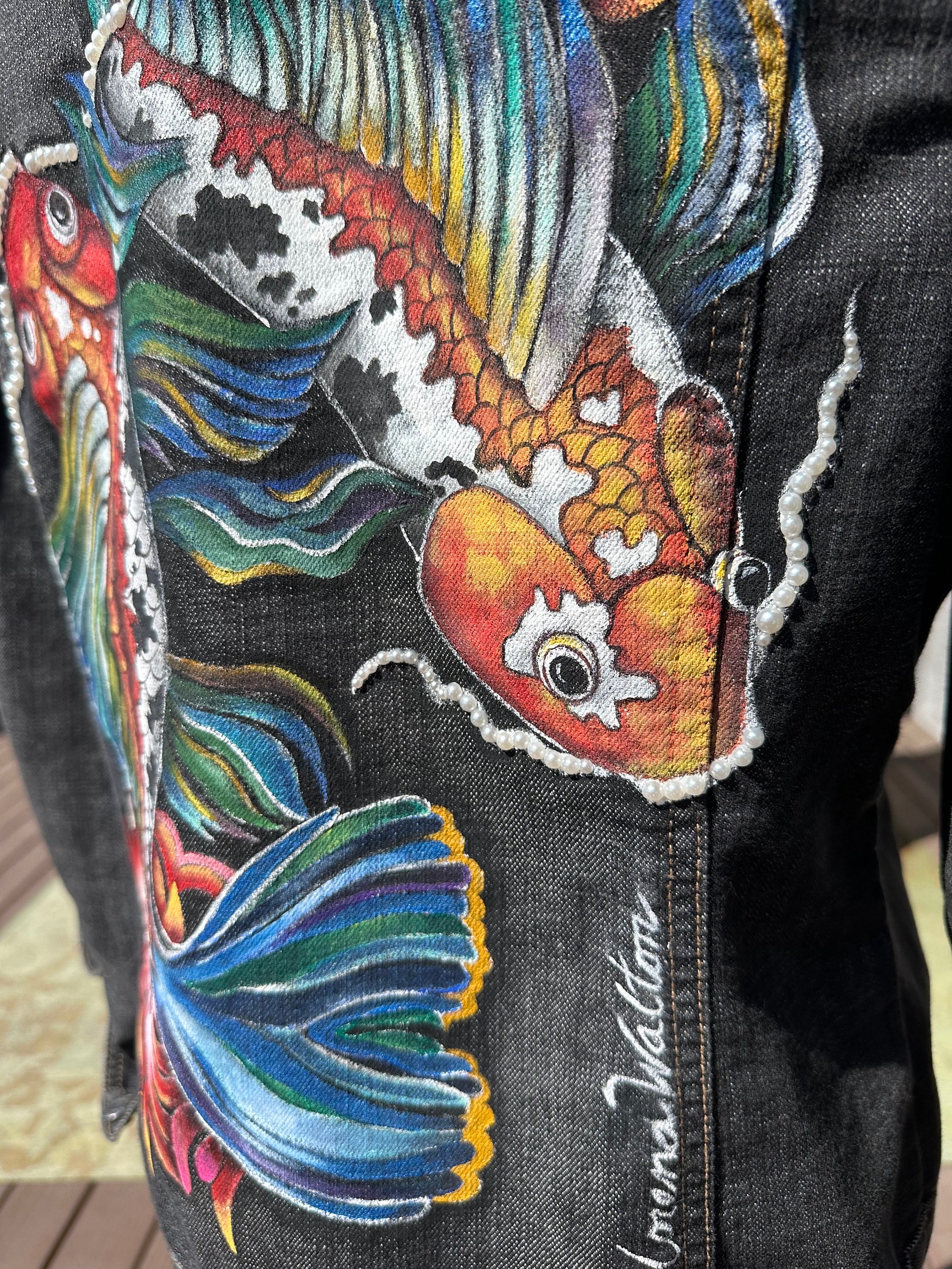 Chico’s Black Denim Sz 1 (8) Handpainted W Great Detail Two KOI Fish ...