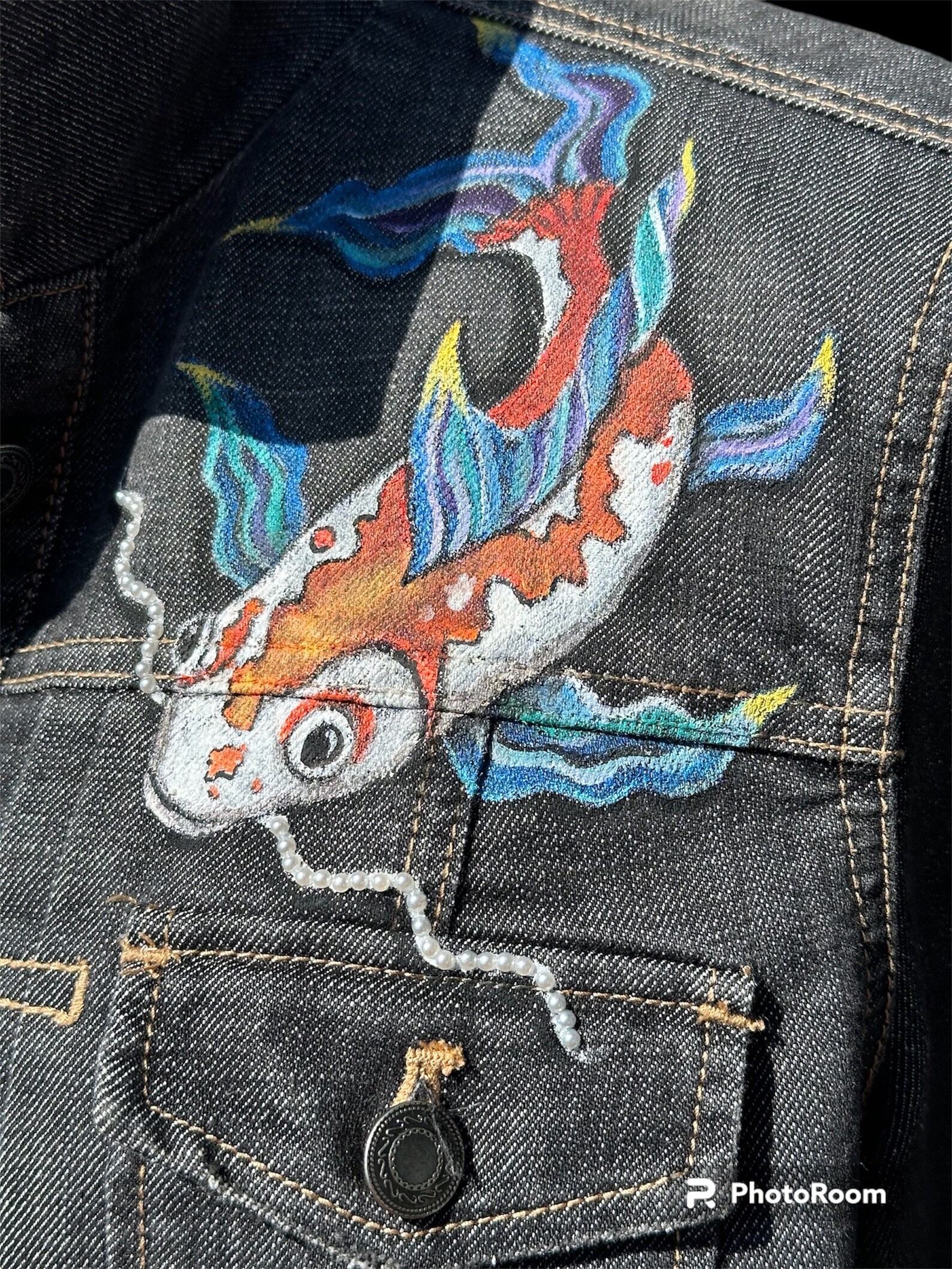 Chico’s Black Denim Sz 1 (8) Handpainted W Great Detail Two KOI Fish ...