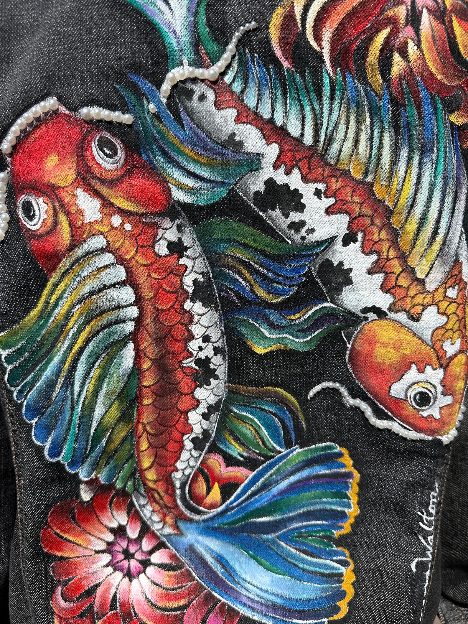 Chico’s Black Denim Sz 1 (8) Handpainted W Great Detail Two KOI Fish ...