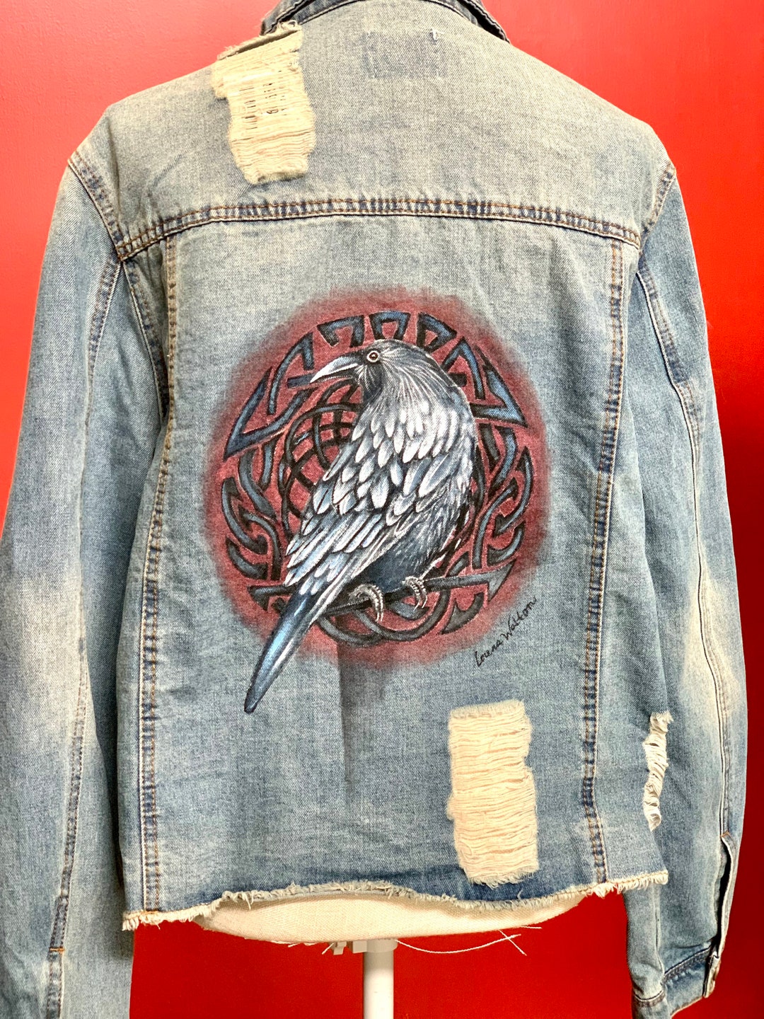 GOTHIC Raven Design All Hand Painted New One of a Kind SZ XL Denim ...