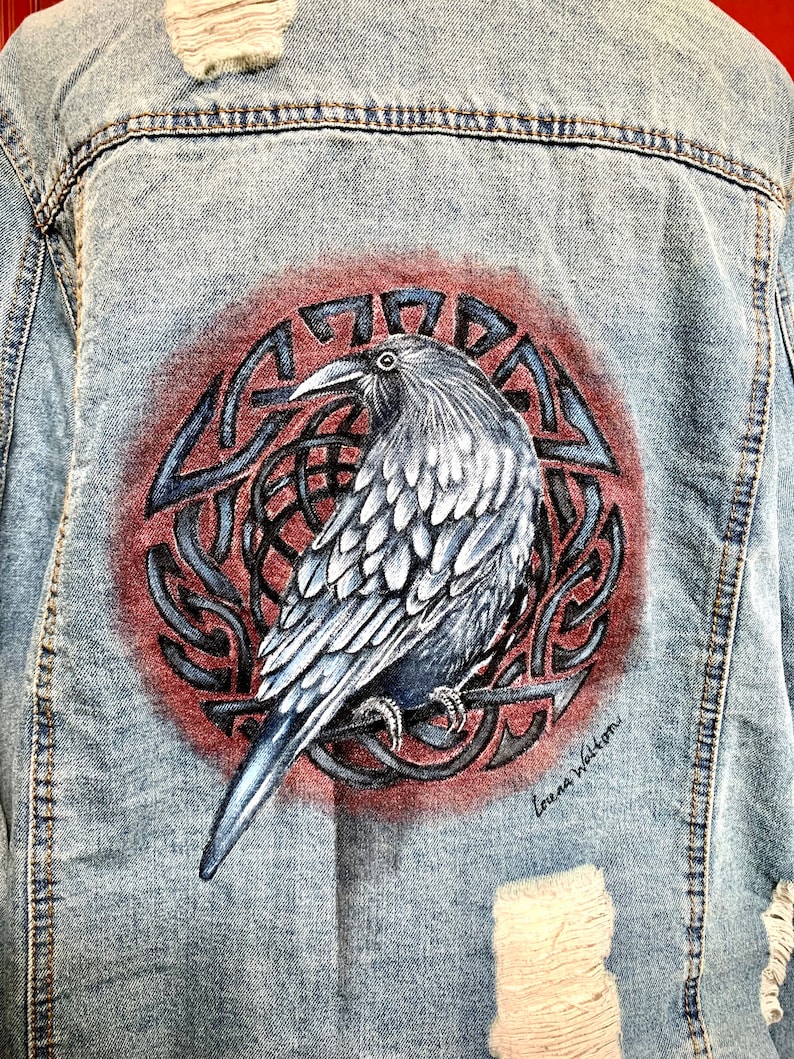 GOTHIC Raven Design All Hand Painted New One of a Kind SZ XL Denim ...