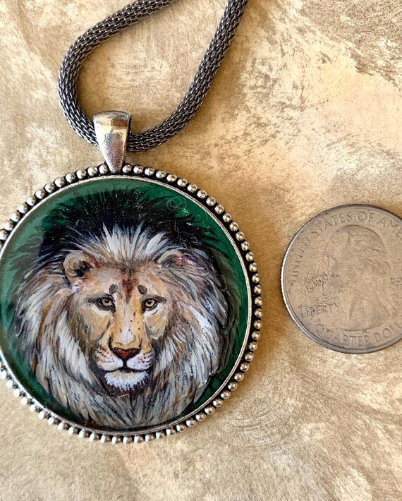 LION KING Pendant jewelry Necklace Hand painted in round brass 50mm bezel w dark black mesh chain. OOAK Wildlife Animals Big Cats Etsy