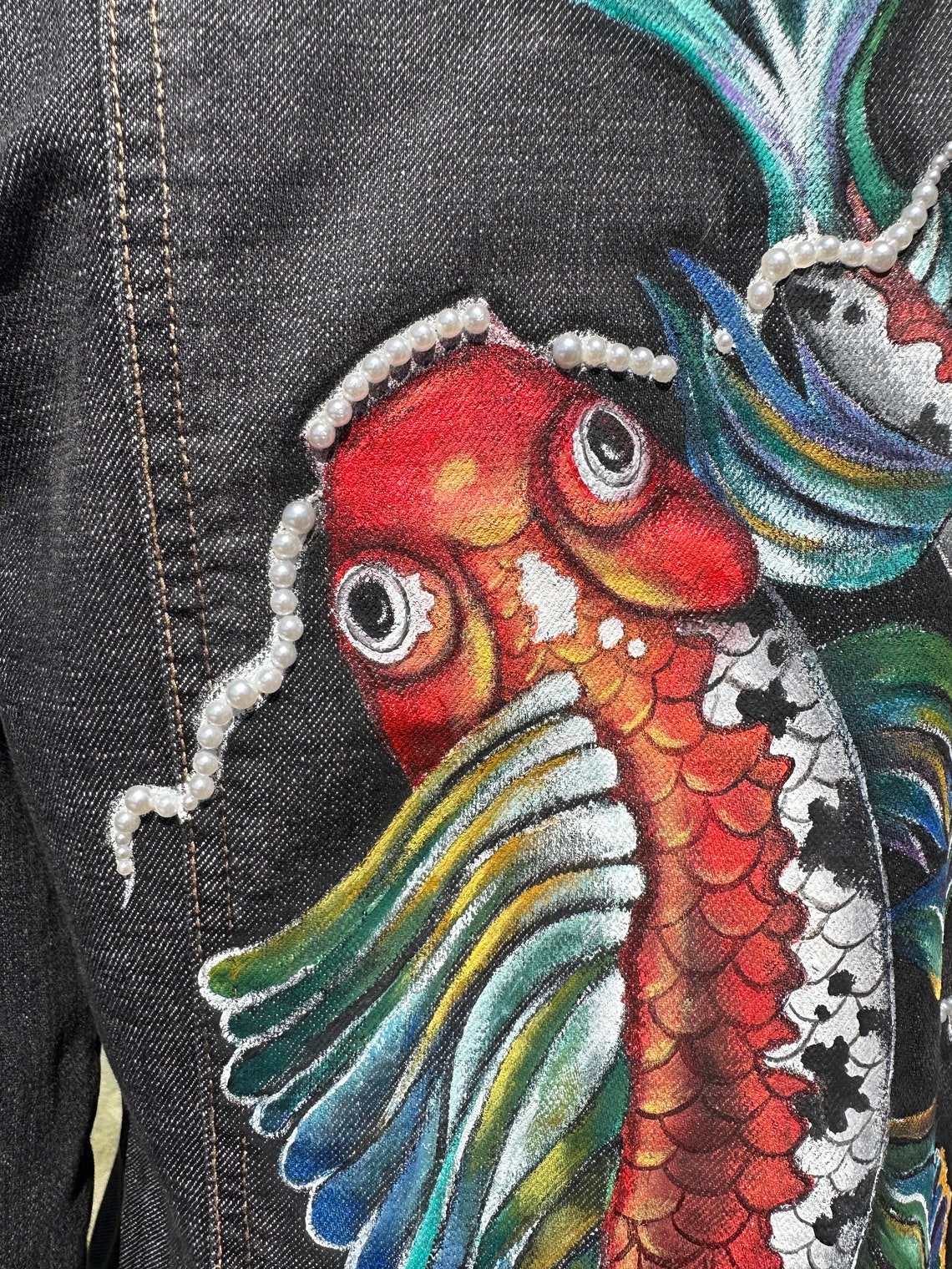 Chico’s Black Denim Sz 1 (8) Handpainted W Great Detail Two KOI Fish ...