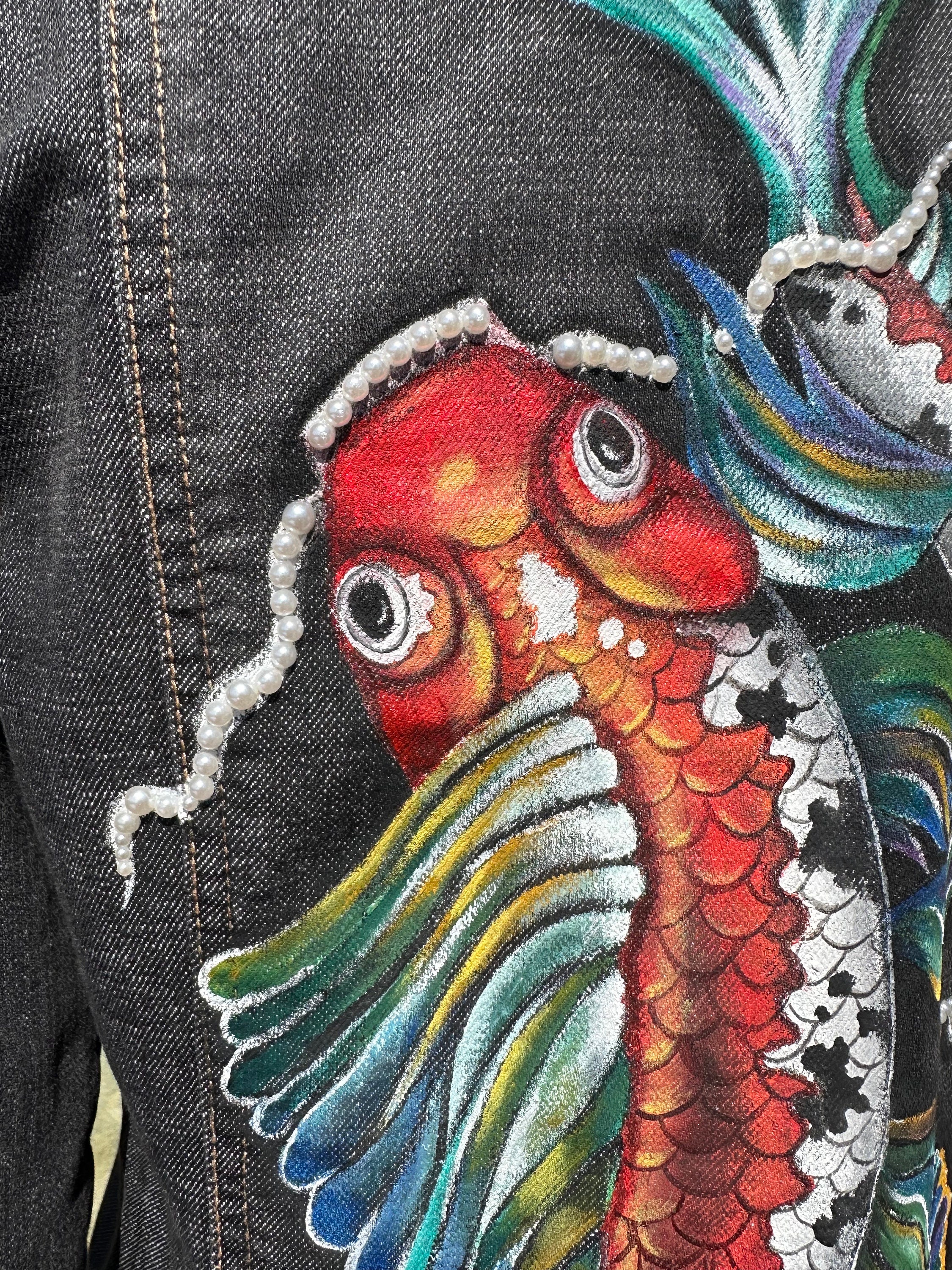 Chico’s Black Denim Sz 1 (8) Handpainted W Great Detail Two KOI Fish ...