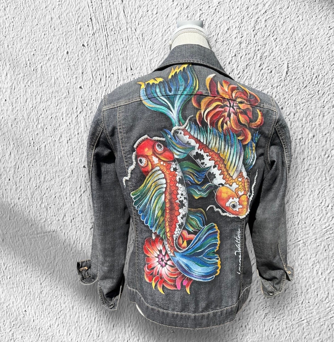 Chico’s Black Denim Sz 1 (8) Handpainted W Great Detail Two KOI Fish ...