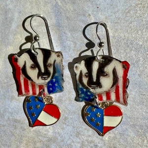 North American Badger USA Flag Handpainted Earrings OOAK Sterling Wires ...