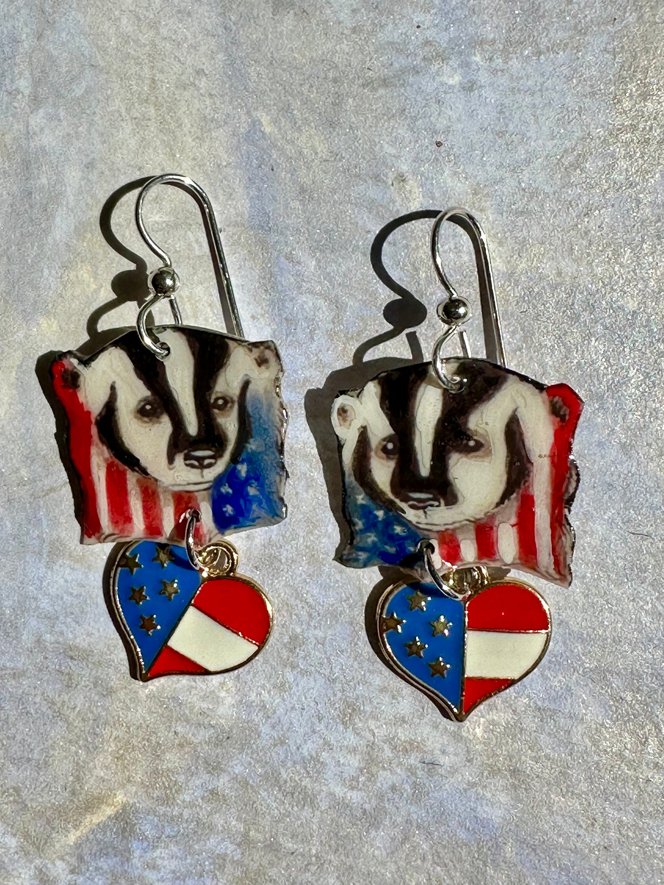 North American Badger USA Flag Handpainted Earrings OOAK Sterling Wires ...