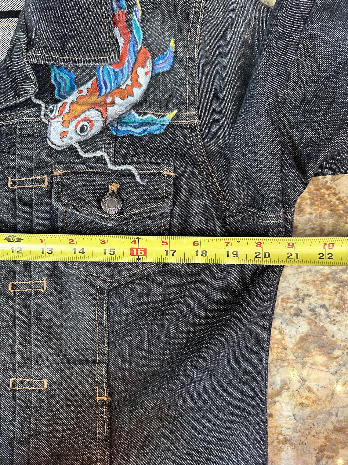 Chico’s Black Denim Sz 1 (8) Handpainted W Great Detail Two KOI Fish ...