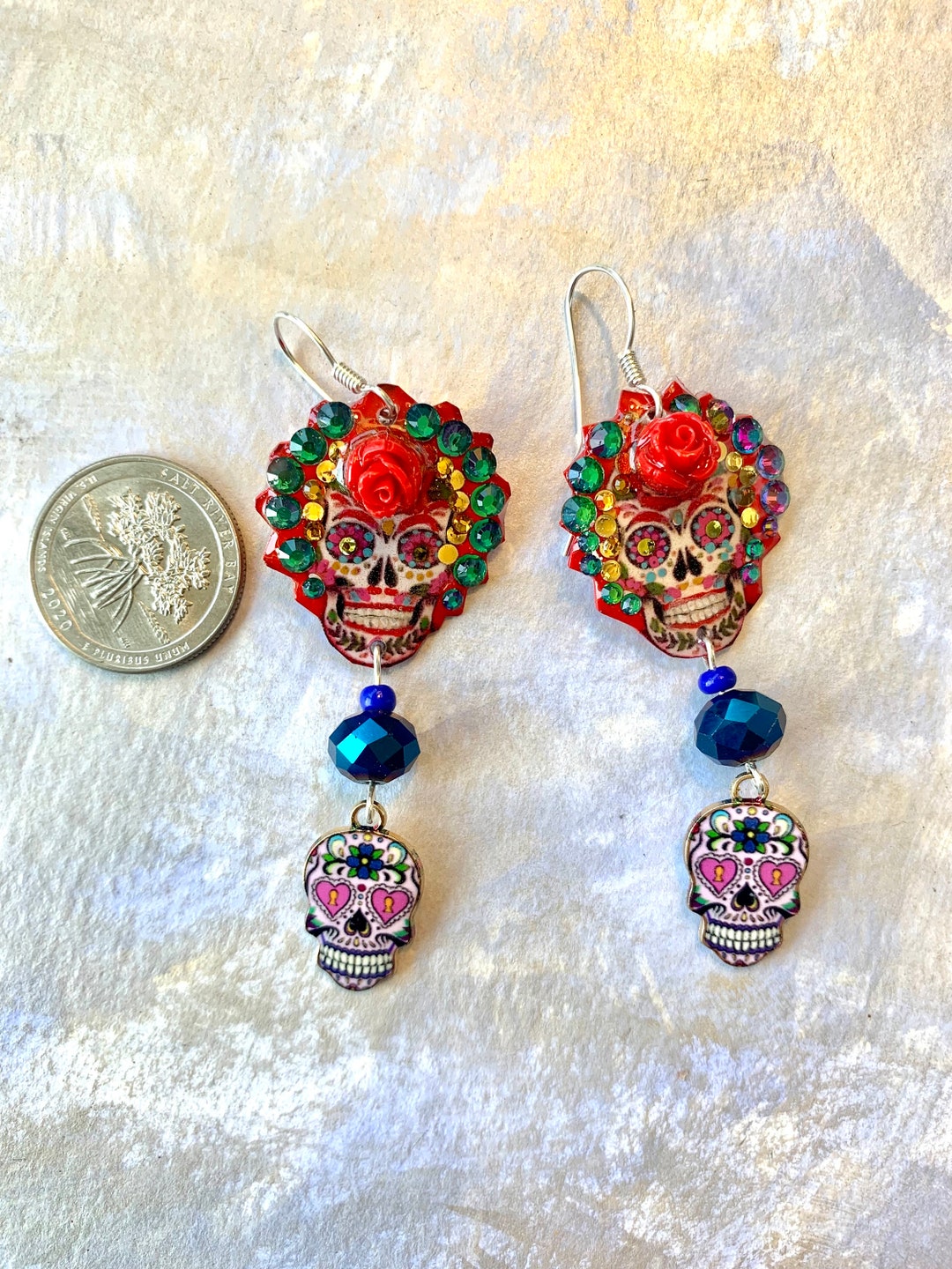 Day of the Dead Handpainted Earrings OOAK Sterling Wires Sugar Skull ...