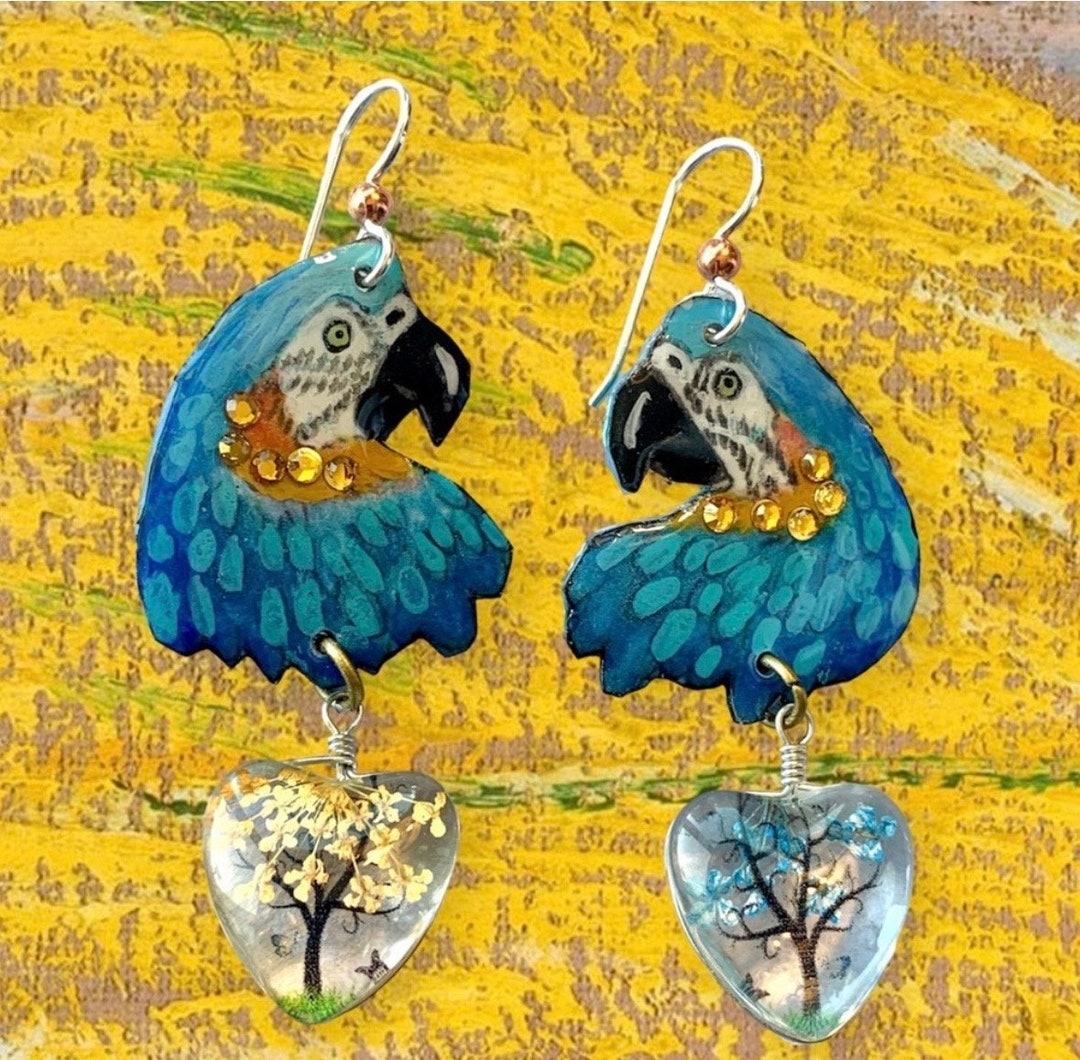 Handpainted Blue and Gold Macaw Parrot Earrings Animals Sterling Wires ...