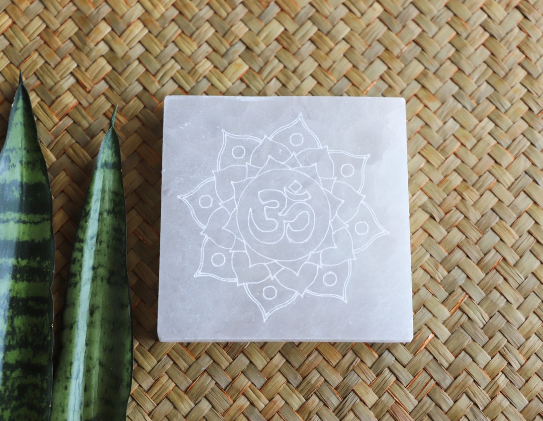 Selenite Tile with Om symbol, Selenite Charging Plate, Lotus Flower ...