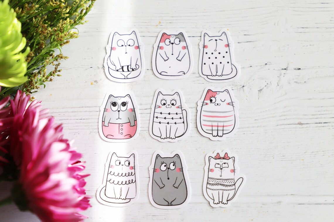Doodle Cats Sticker Set (9pc), Cat Lover, Cat Illustration, Pet, Phone ...
