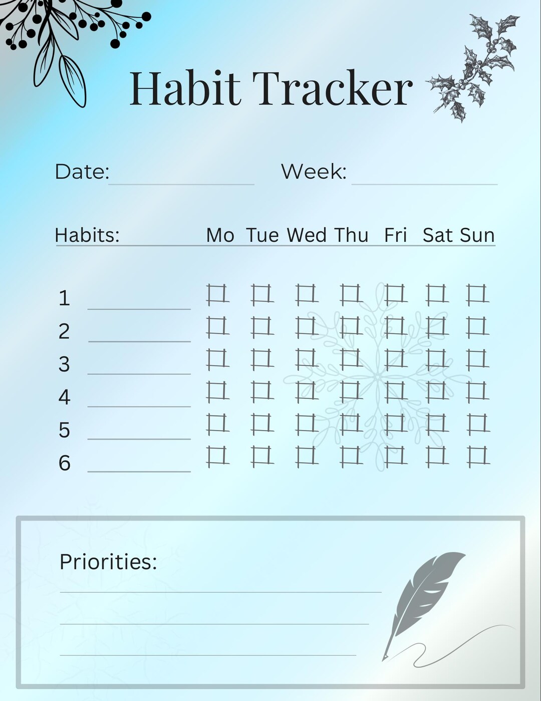 Printable Habit Tracker (ice Blue) / Workout Planner / Weekly Habit ...