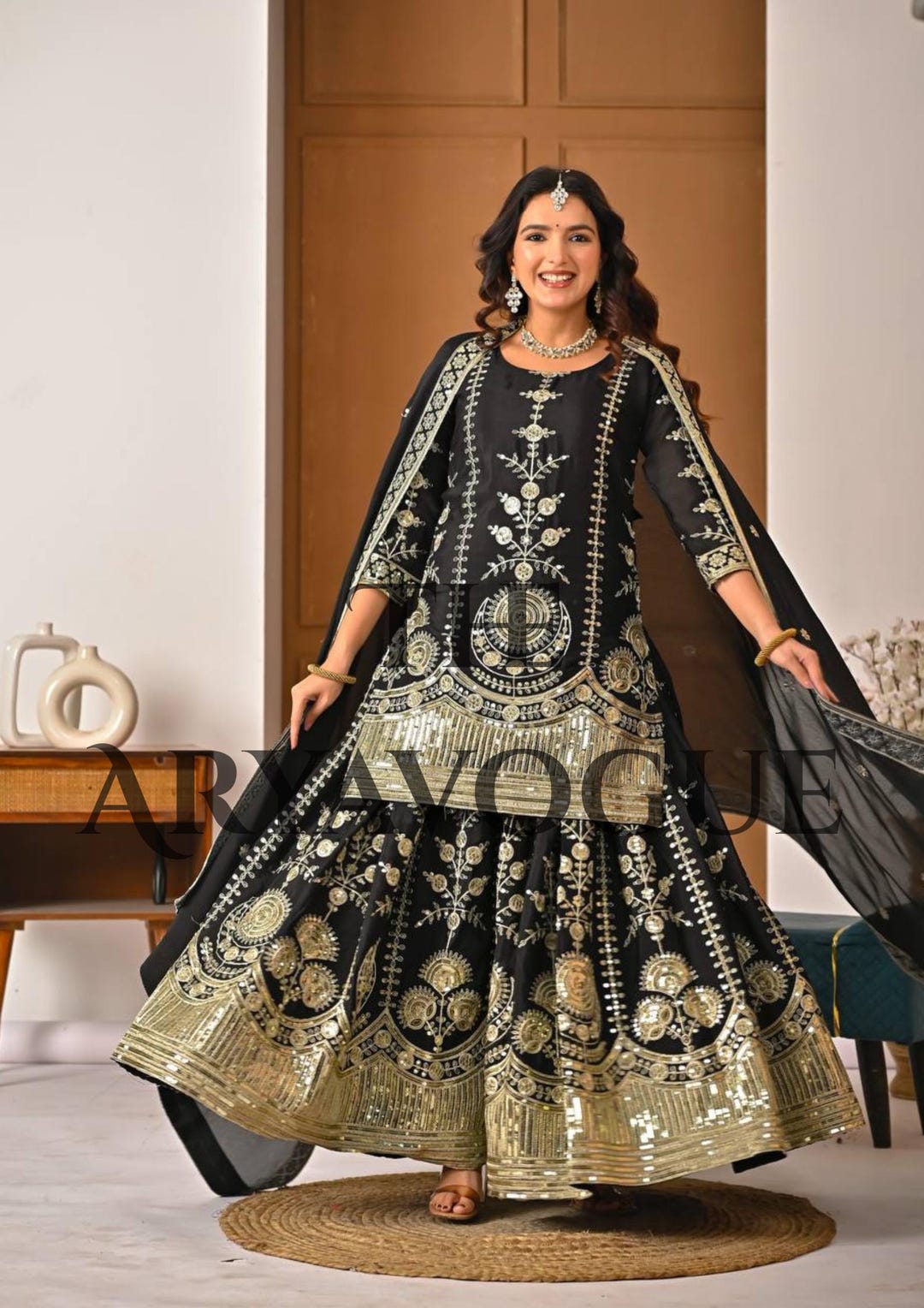 Black Sharara Suit for Women | Embroidered Kurta With Palazzo Sharara ...