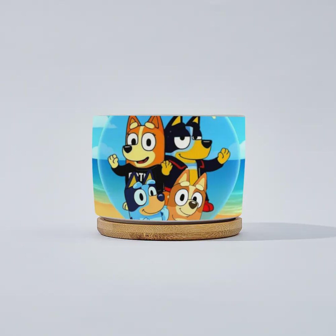 Bluey Family Ceramic Flower Pot With Wooden Base - Etsy
