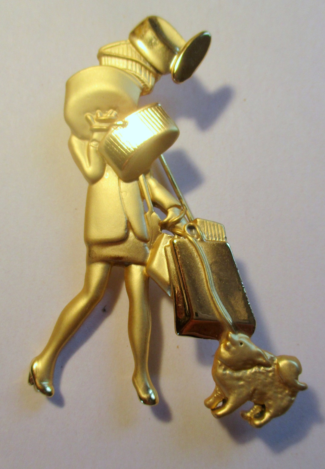 Vintage AJC Pin Brooch Lady With Dog and Packages Unique Gift ...