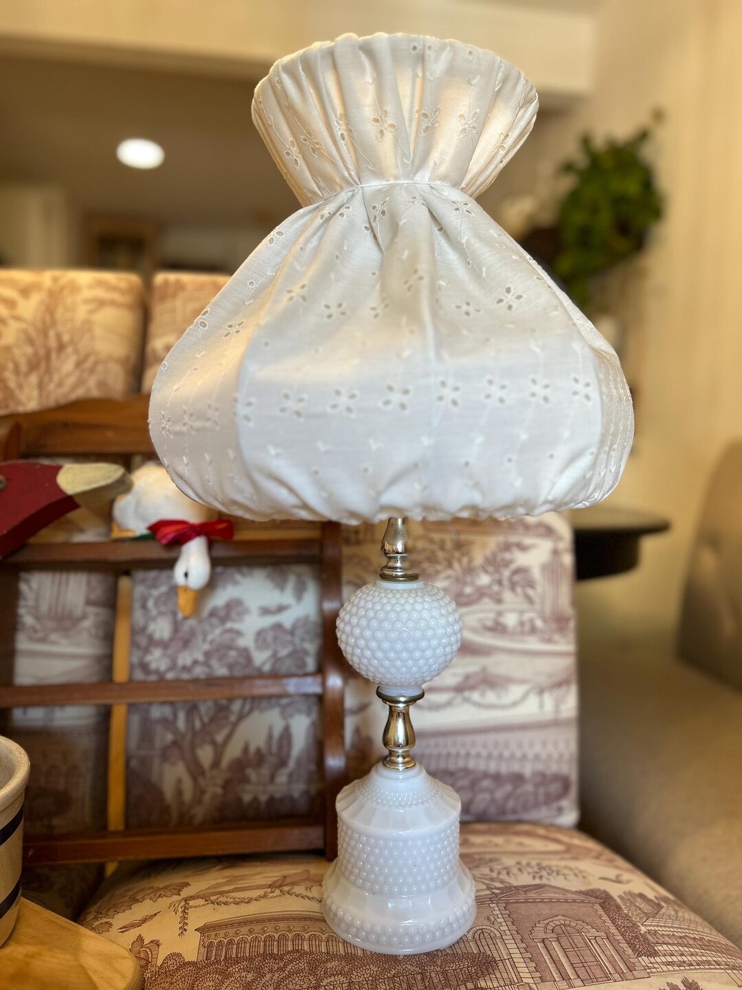 Milk Glass Hobnail Lamp W/ Cotton Eyelet Shade - Etsy