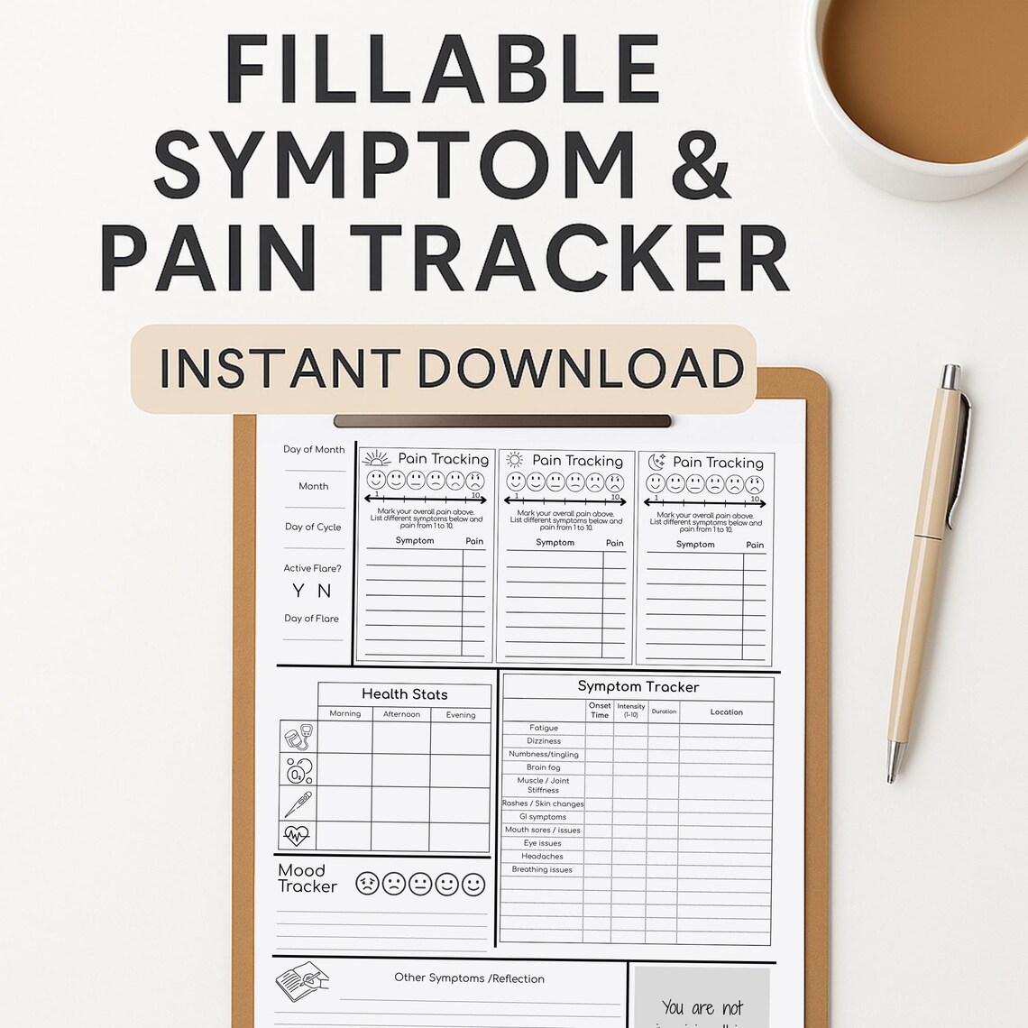 Fillable Symptom & Pain Tracker Printable – Chronic Illness Log, Daily ...