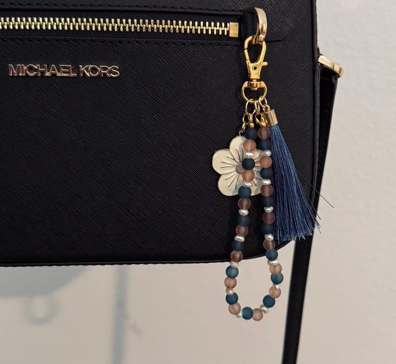 Navy Blue Bag Charm With Tassel | Navy & Peach Glass Bead Purse Charm ...