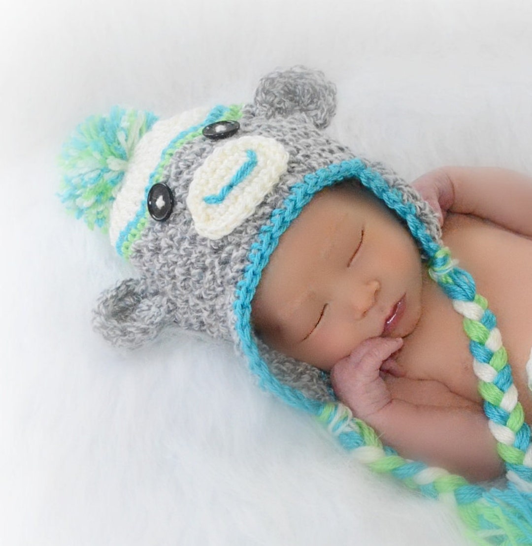 Sock Monkey Hat in Gray With Turqoise and Green Accent, Crochet Monkey ...