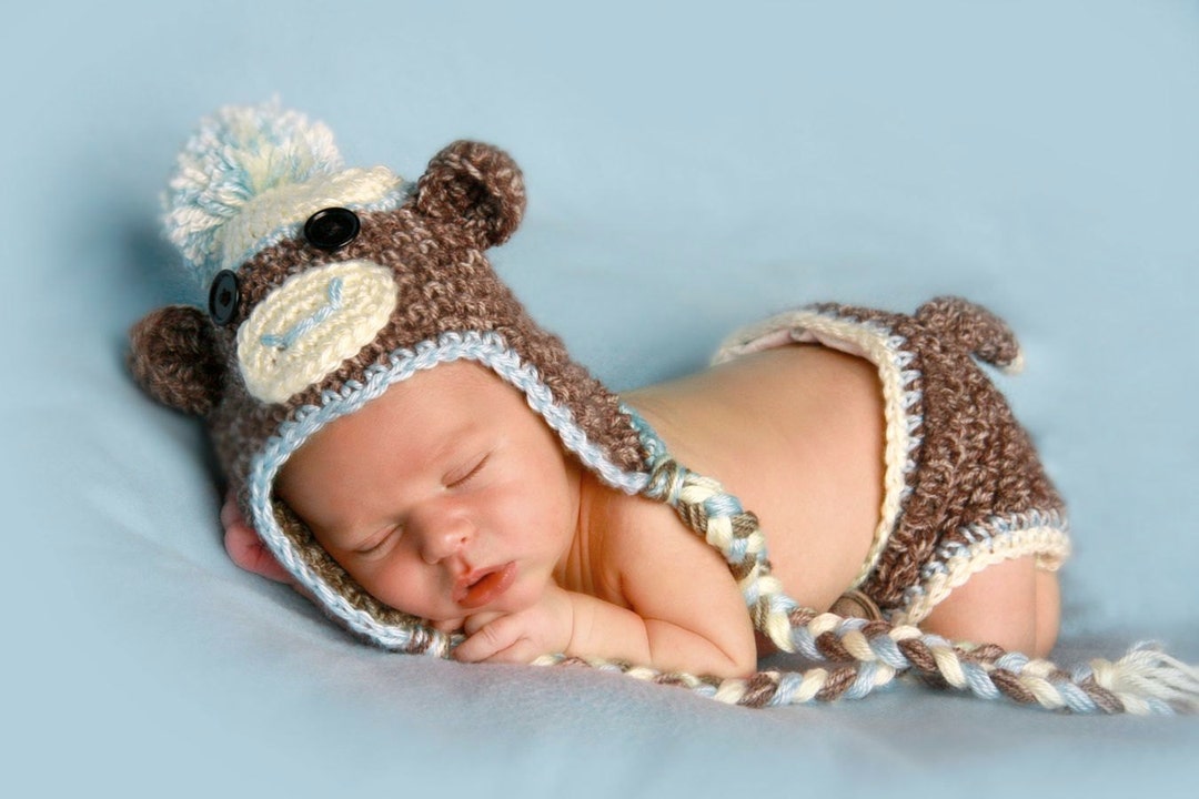 Sock Monkey Set in Baby Blue, Monkey Hat, Halloween Costume for Baby ...