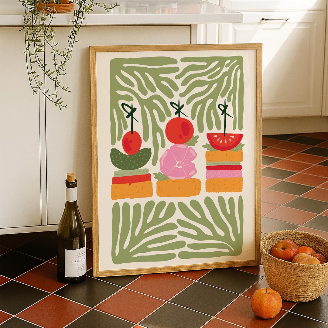 Arte mural imprimible de canapés, póster de aperitivos coloridos ...