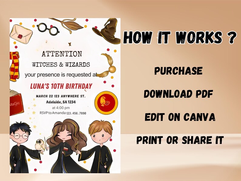Editable Harry Potter Birthday Invitation Hogwarts Wizard Party ...