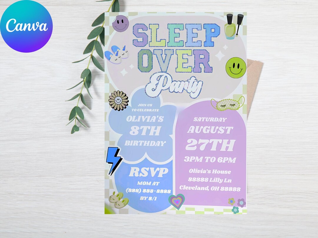 Preppy Sleepover Birthday Invitation: Retro Varsity Patch (5x7 ...