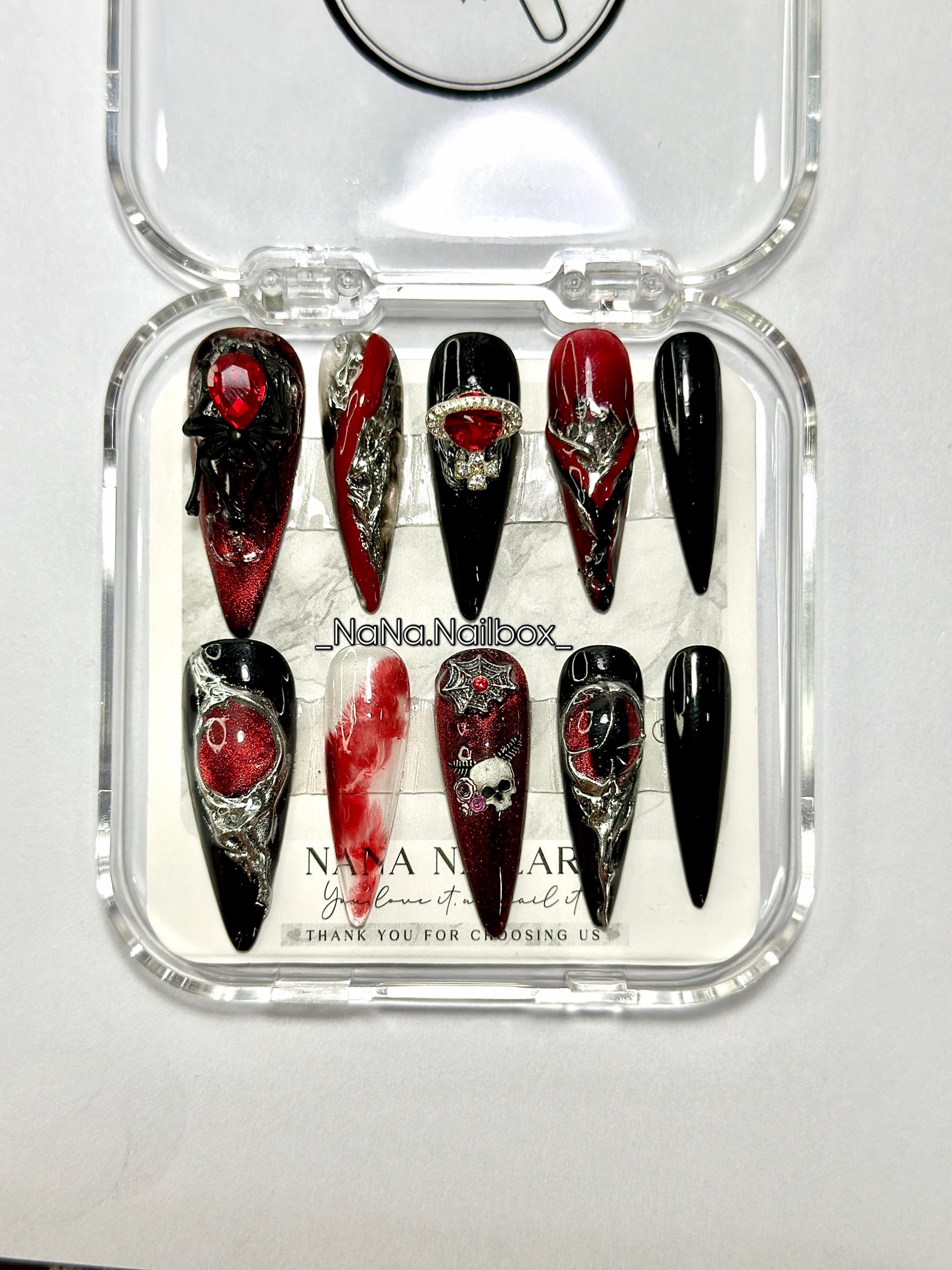 Halloween Spider Web Press-on Nails: Gothic Red & Black Nail Art - Etsy