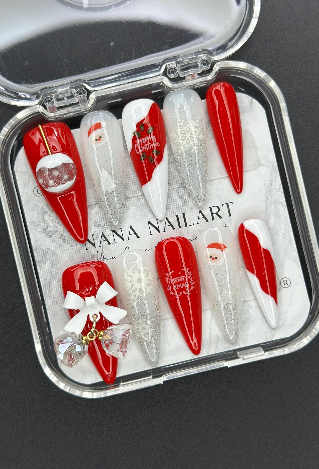 Red Christmas Press-on Nails: Bell Charm & Snowman - Handmade Gel Nail ...