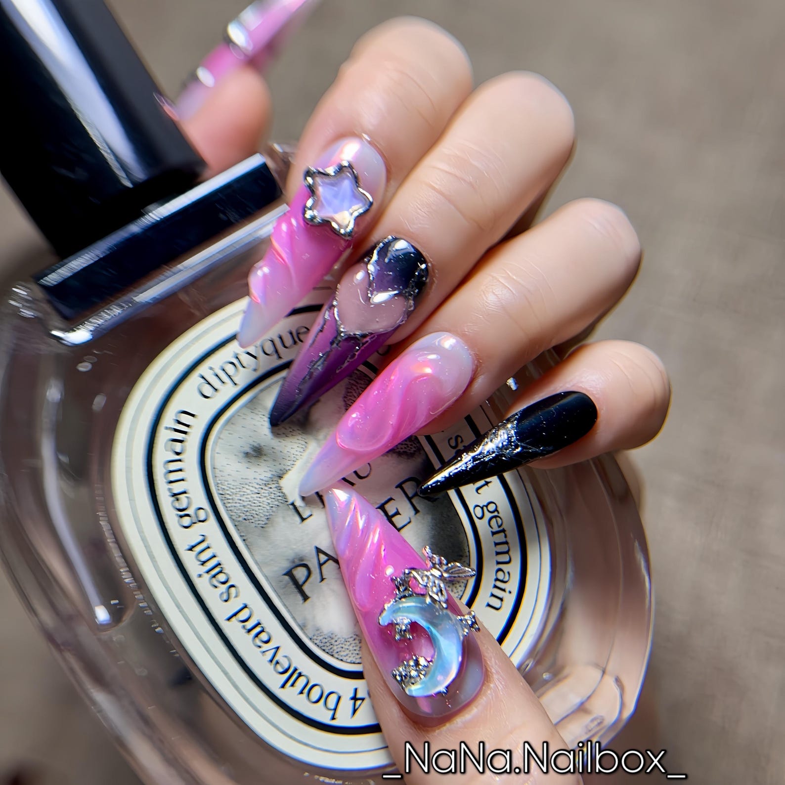 Y2K Press-on Nails: Silver Chrome, Pink & Black Retro Nail Art - Etsy