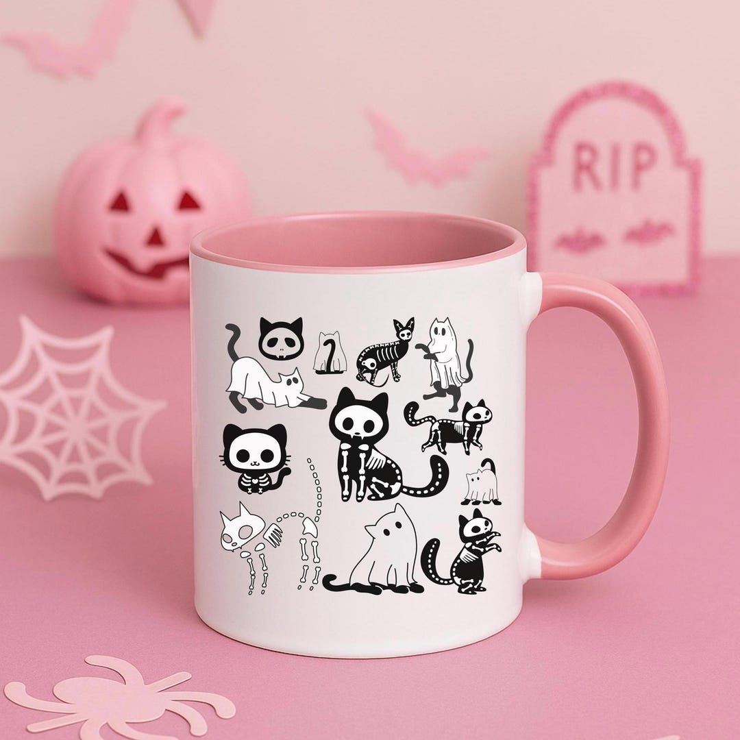 Skeleton Cat Halloween Mug Cute Ghost Cat Pink Mug Spooky Black Cat ...