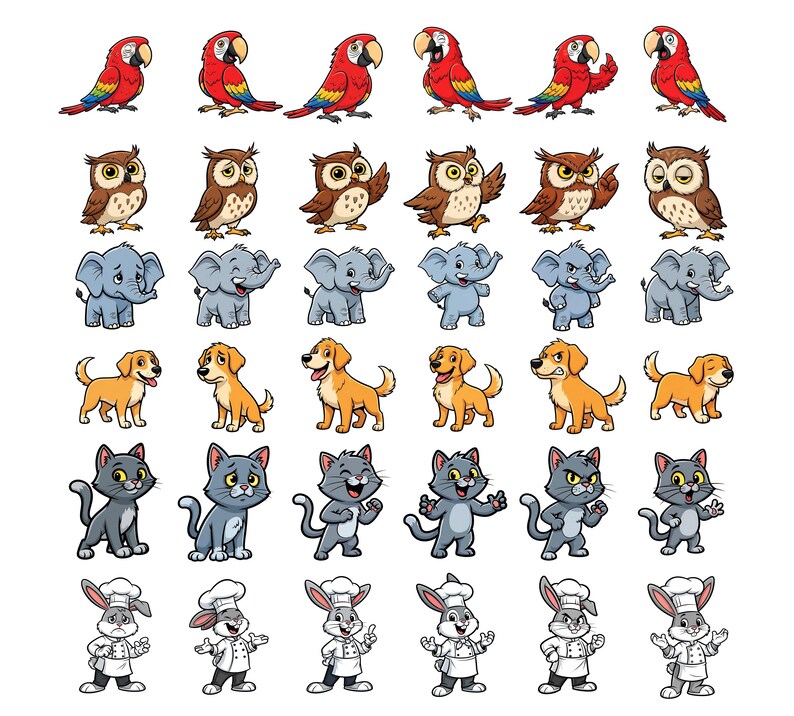 Cute Animal Clipart PNG Bundle, 36 Expressions Cartoon Animals, Kids ...