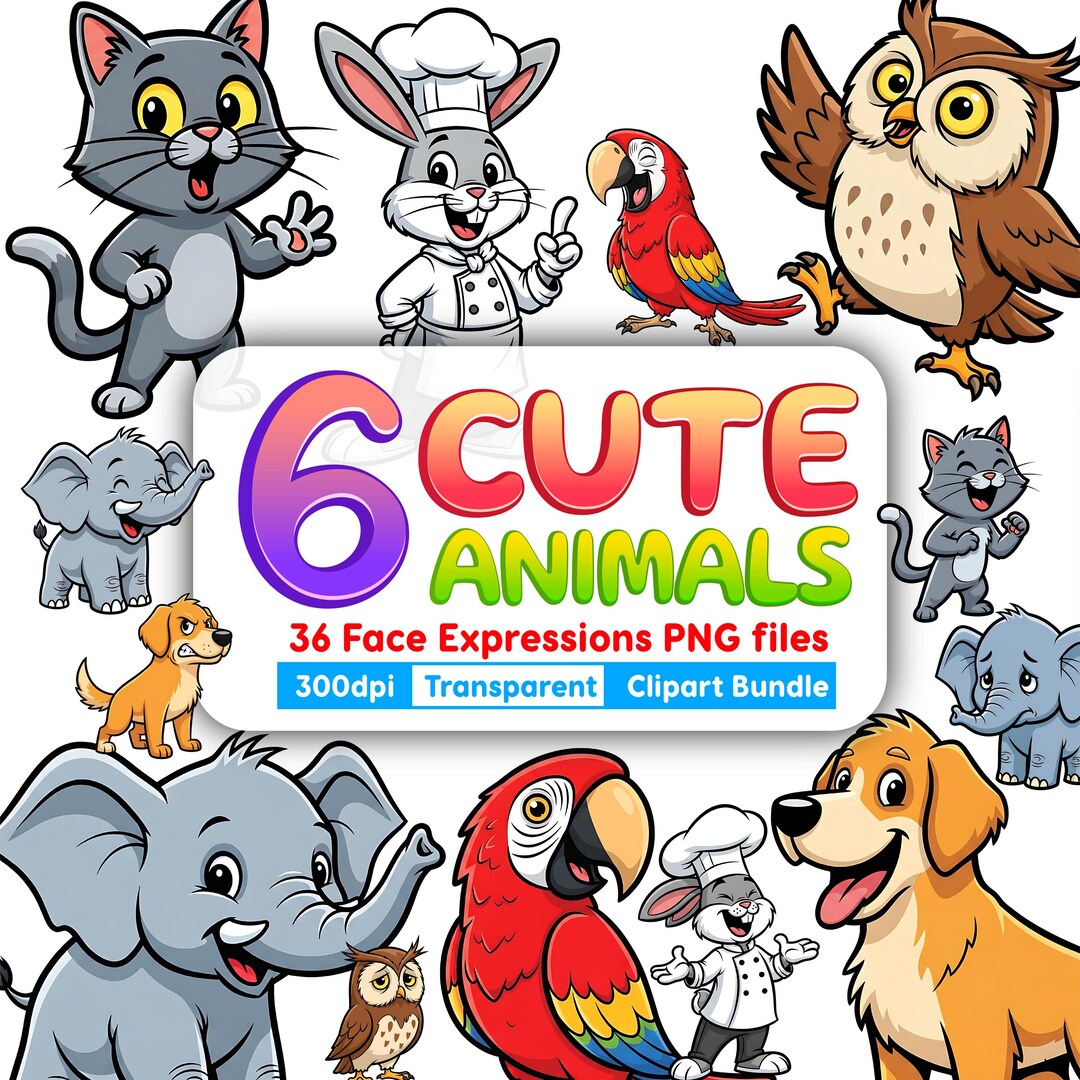 Cute Animal Clipart PNG Bundle, 36 Expressions Cartoon Animals, Kids ...