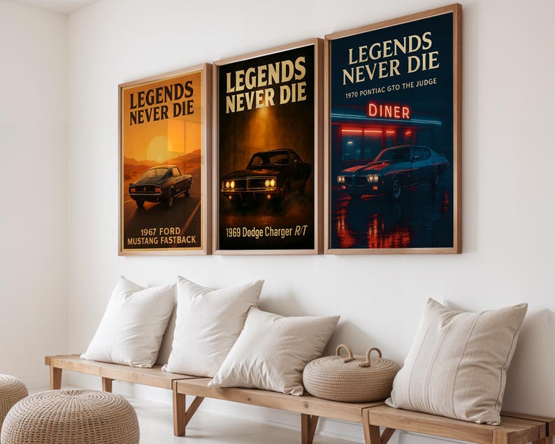 Vintage Muscle Car Poster Set, Classic Car Wall Art Prints, Retro ...