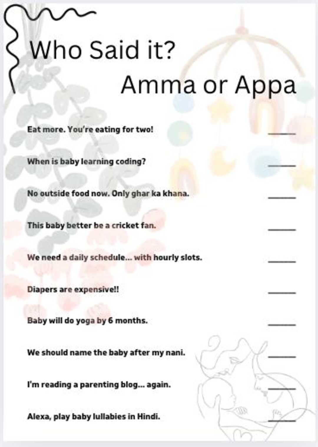 Amma or Appa? – Desi Baby Shower Game | Printable PDF | Funny Parent ...