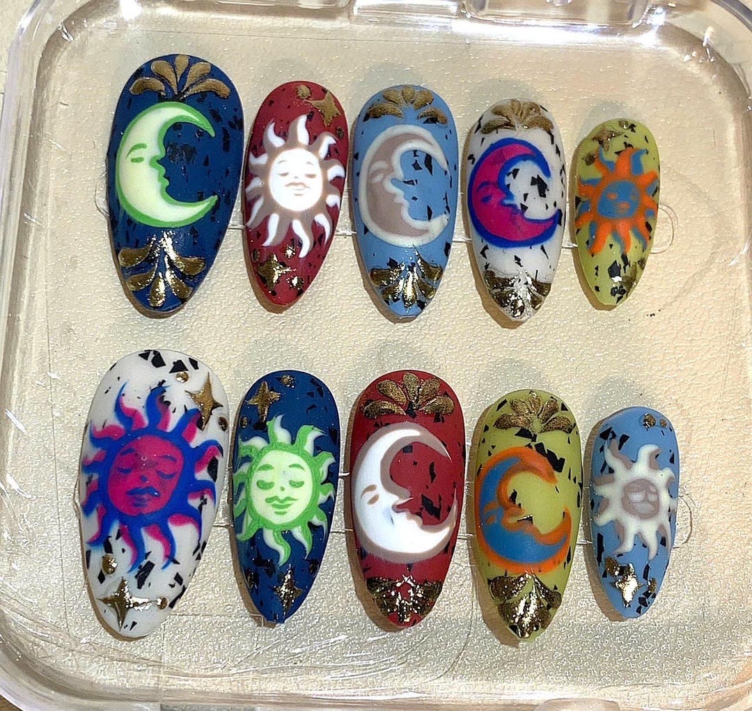 Celestial Sun & Moon Press on Nails: Hand-painted Cosmic Boho Nail Art ...