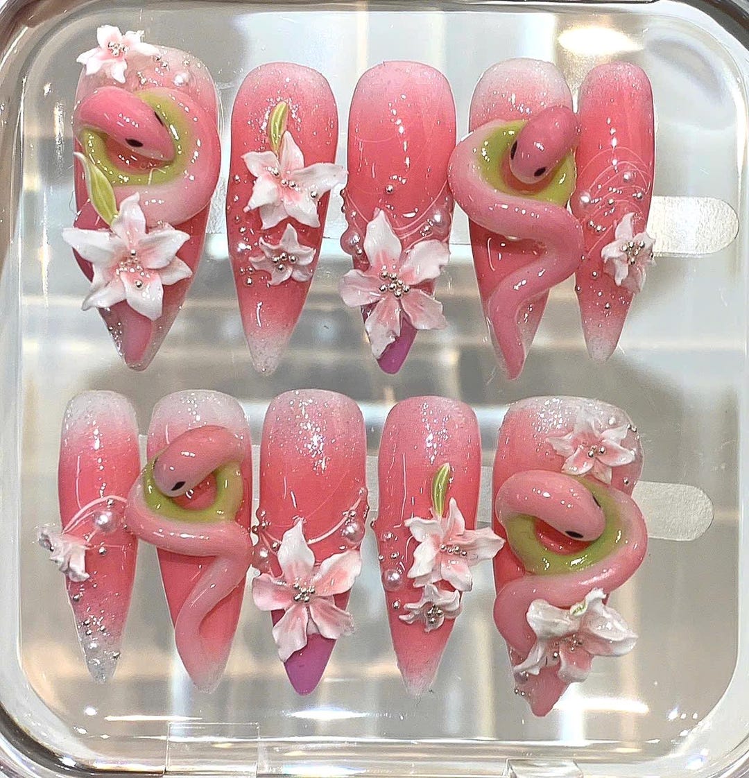 Pink Snake Press on Nails - 3D Floral Ombre, Pearls & Glitter - Etsy