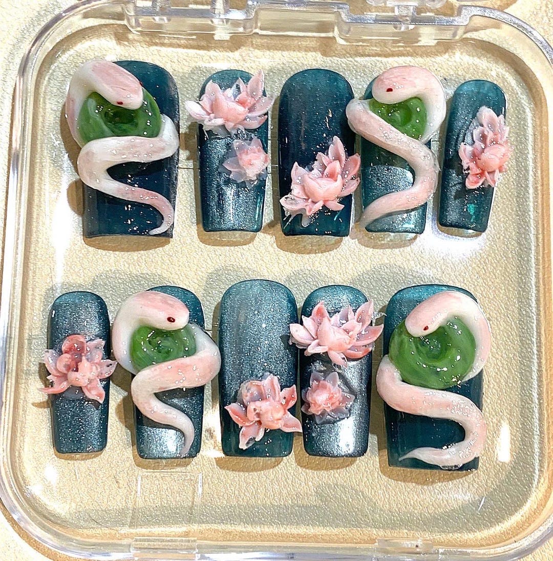 3D Snake & Lotus Press on Nails: Dark Green Floral Nail Art - Etsy