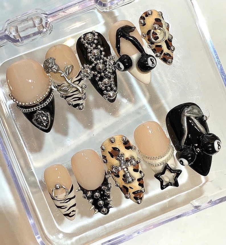 Punk Press on Nails | Gothic Animal Print Nail Set | 3D Cross & Spike ...