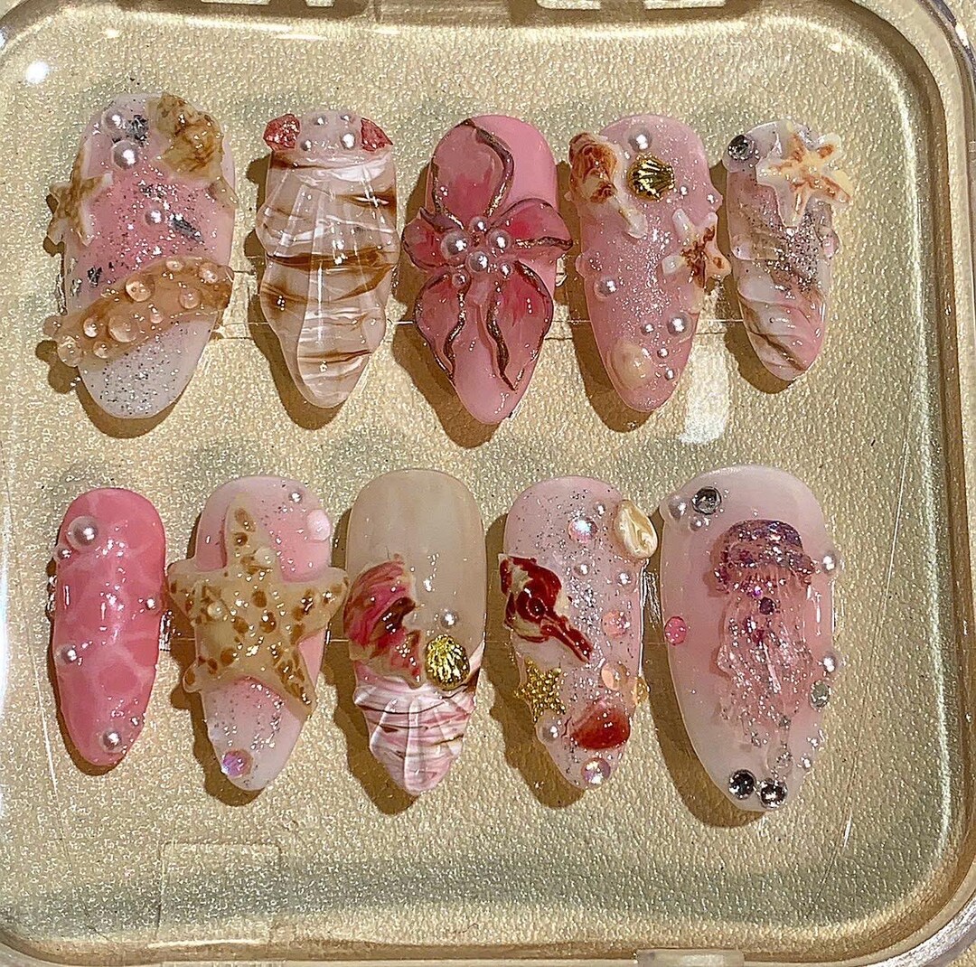 3D Seashell Press on Nails: Pink Beige Mermaid Nail Art - Etsy